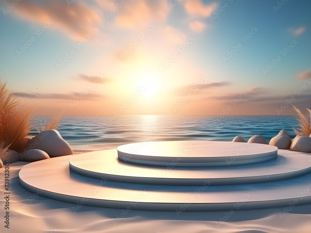 sea theme blue color round empty 3D podium product display stage in ...