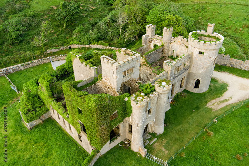 Aerial view of Clifden Castle, ruined manor house, on famous Sky Road ...