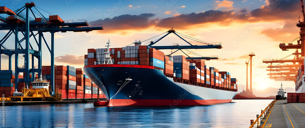 Logistic. container cargo ship loading cargo at industrial port. import ...