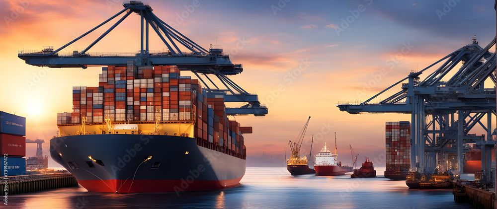 Logistic. container cargo ship loading cargo at industrial port. import ...