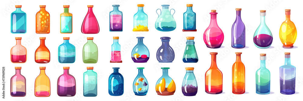 Cartoon render colorful glass bottles, Isolated Transparent Background ...