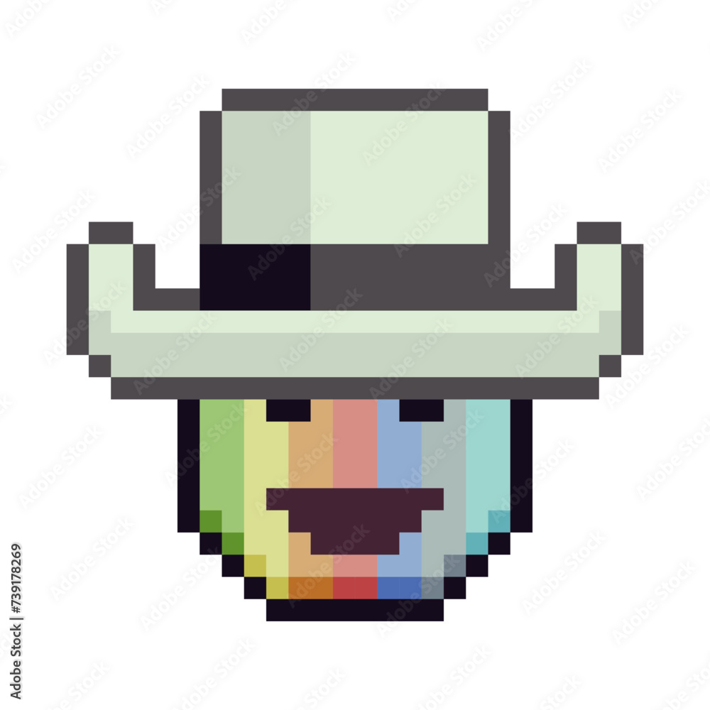 Fashion hat face. Smiling emoticon, emoji, smiley. Pixel art style ...