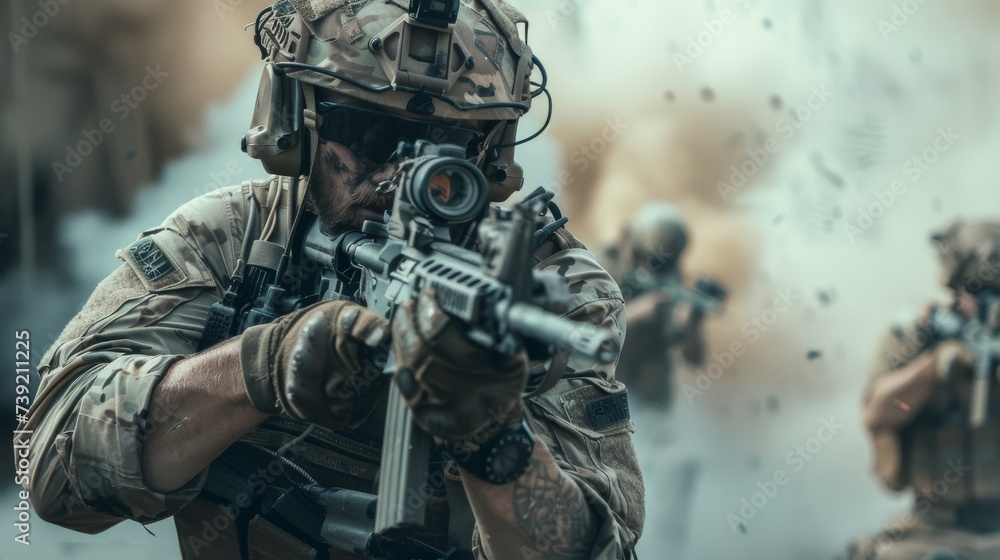 A stealthy soldier geared for battle, armed with a deadly machine gun ...