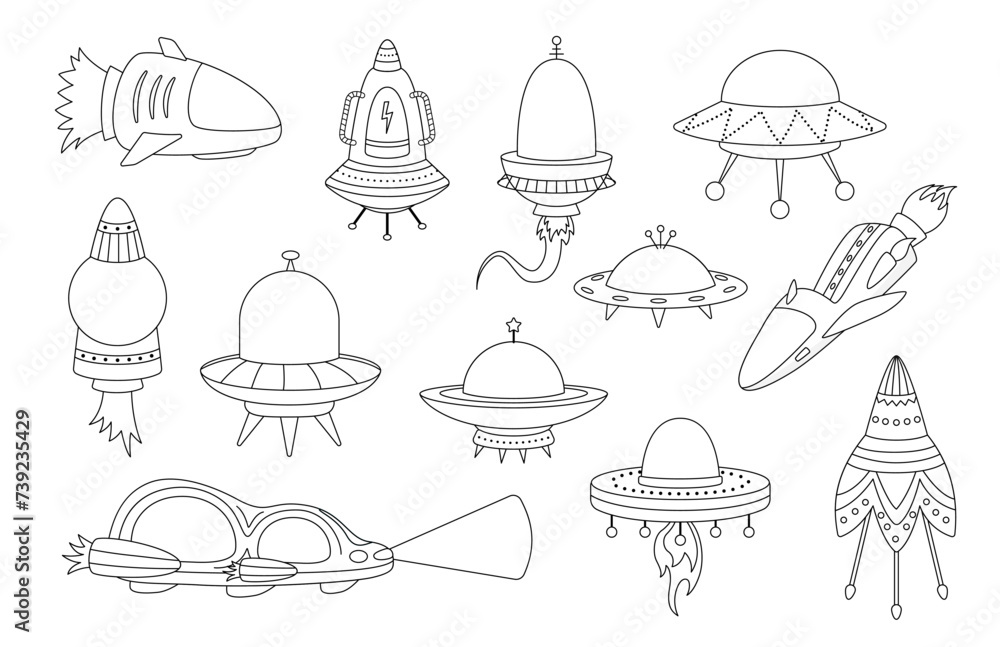 Set of UFO of alien, spaceships, flying saucer. Coloring page. Black ...