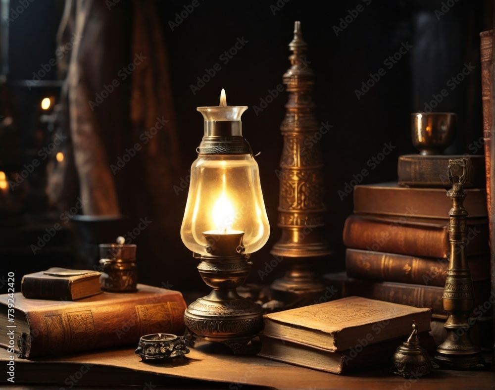 Vintage oil lamp glowing warmly on a table Stock Photo | Adobe Stock