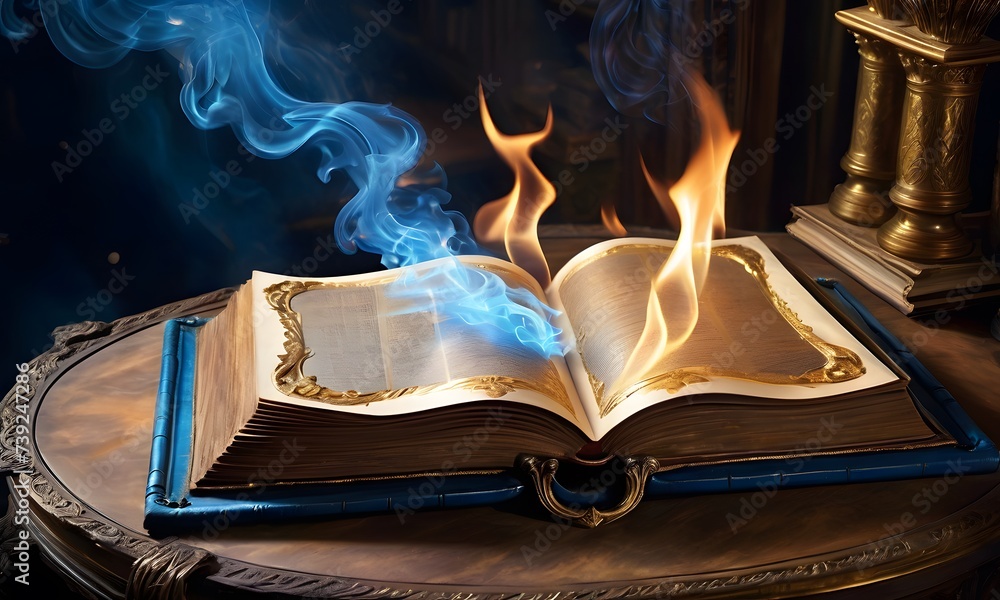 An open book with flames coming out of it is placed on a table ...