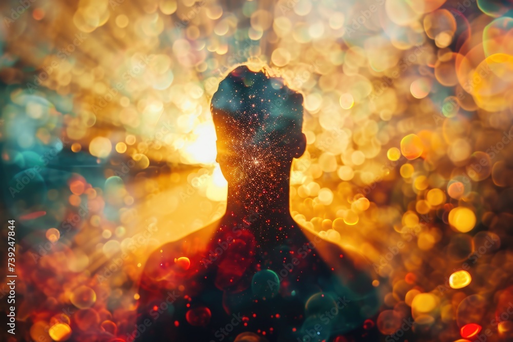 Abstract visualization of a person's aura radiating with rays of ...
