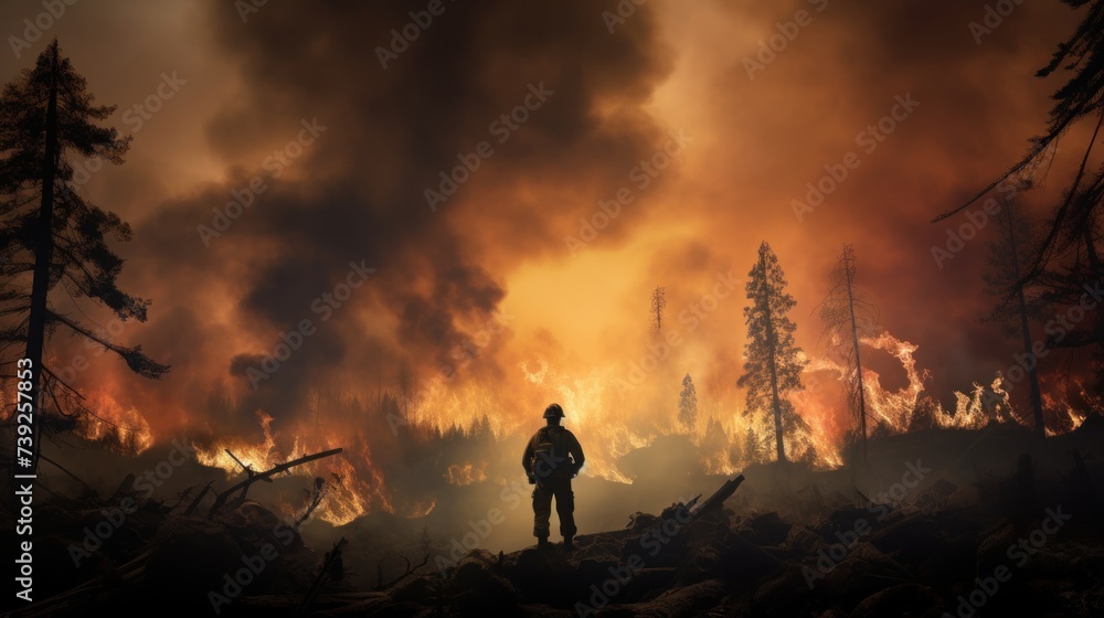 billows of smoke from fires in an In the forest, Wild animals running ...