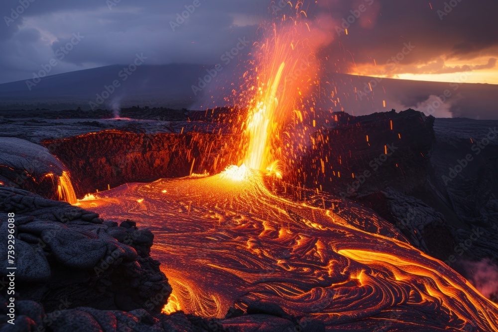 Volcanic chaos: molten lava spews from the crater, creating a striking ...