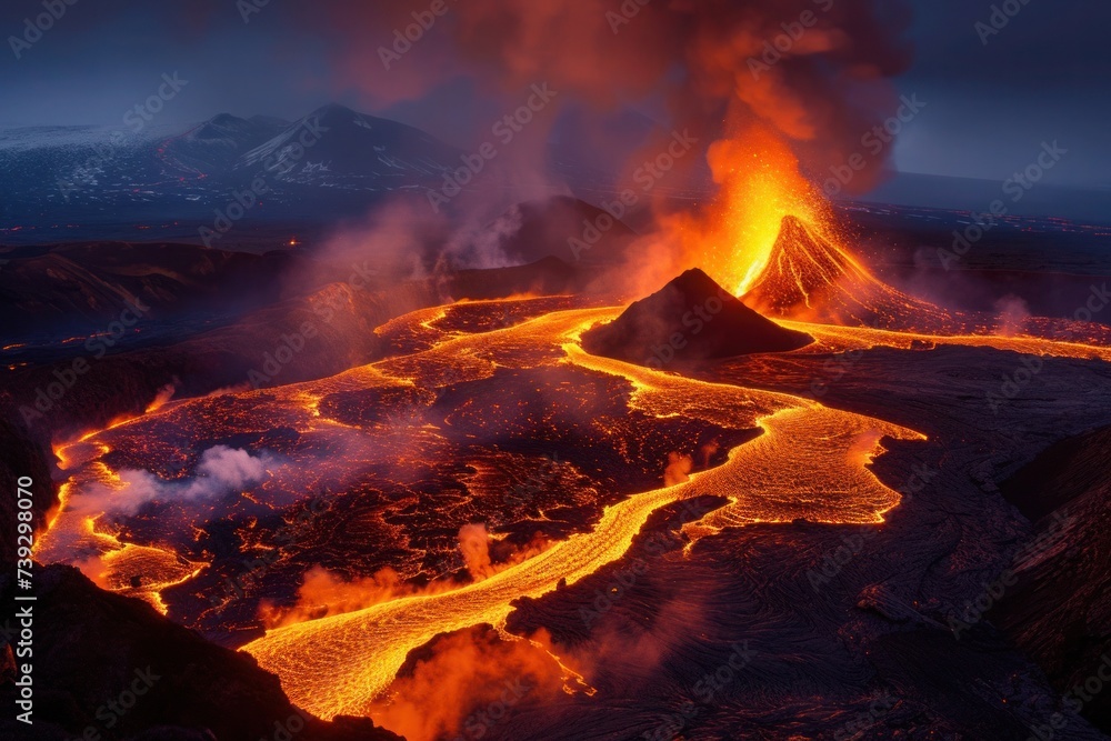 Volcanic chaos: molten lava spews from the crater, creating a striking ...