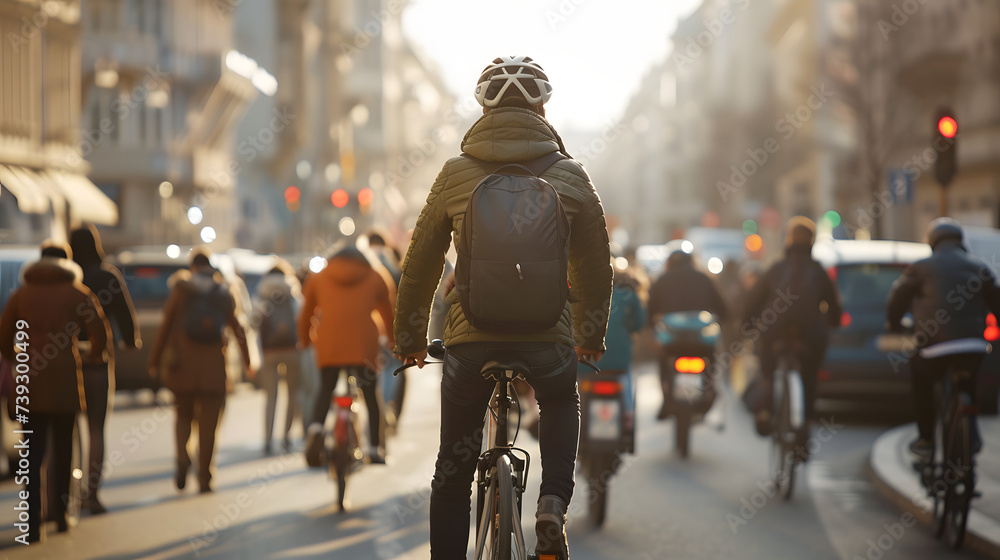 An urban biker using a folding bicycle to commute through a crowded ...
