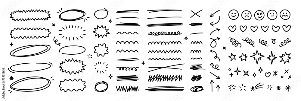 Scribble doodle underline emphasis line shape set. Hand drawn brush ...