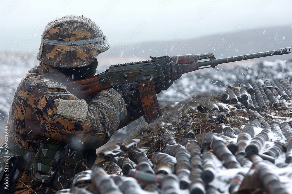 soldier protecting his country, he has a gun in his hand and is wearing ...