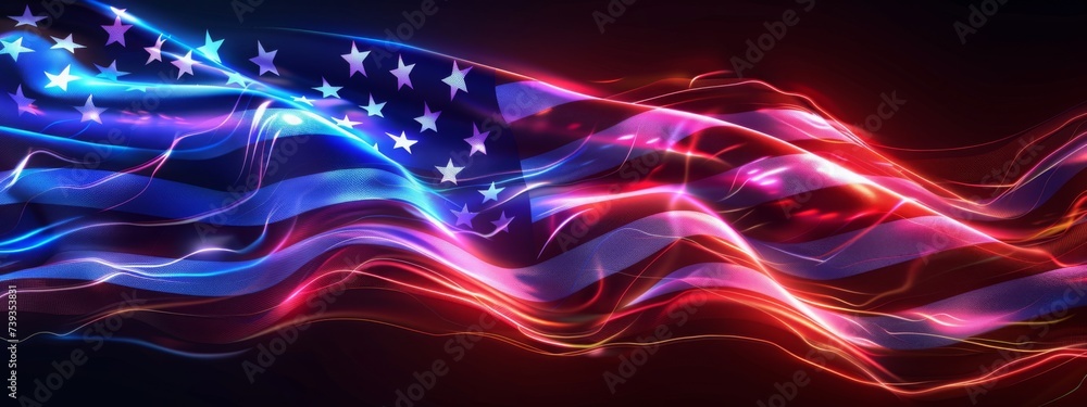 Futuristic 3D-rendered U.S. flag composed of vibrant neon lights ...