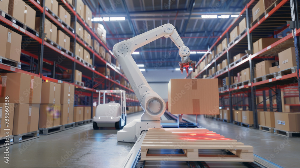 Industrial Robotic Arm Scanning Packages on Conveyor Belt in Warehouse ...