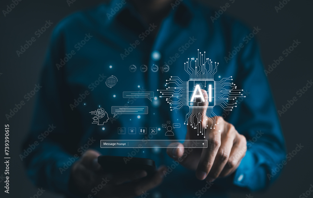 Chat with AI or Artificial Intelligence technology. Man touching ...