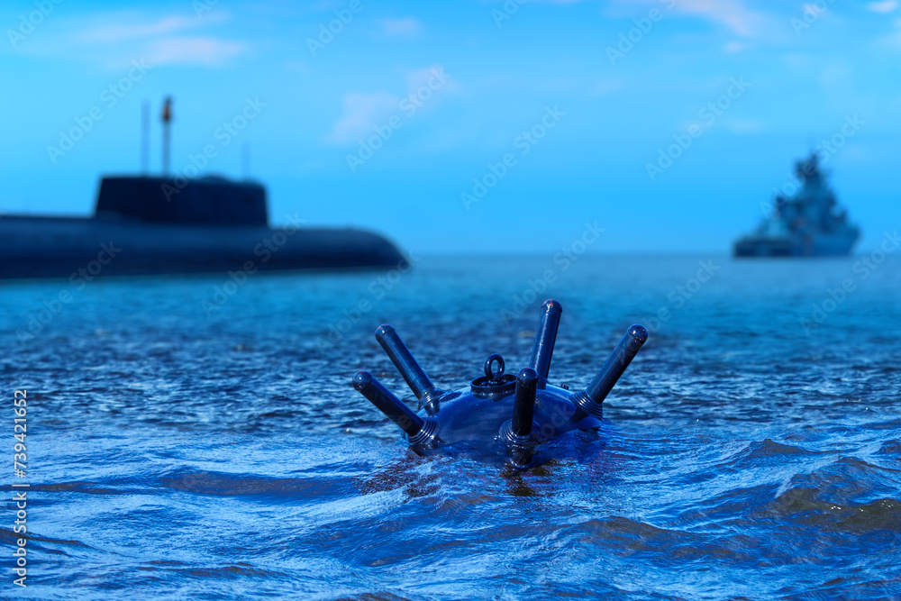 Photo Stock Sea mine near submarine. Warships leave bombs in ocean ...