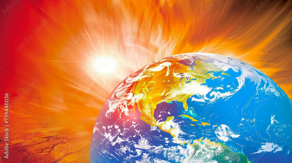 Planet Earth against a background of fire coming from the sun. The ...