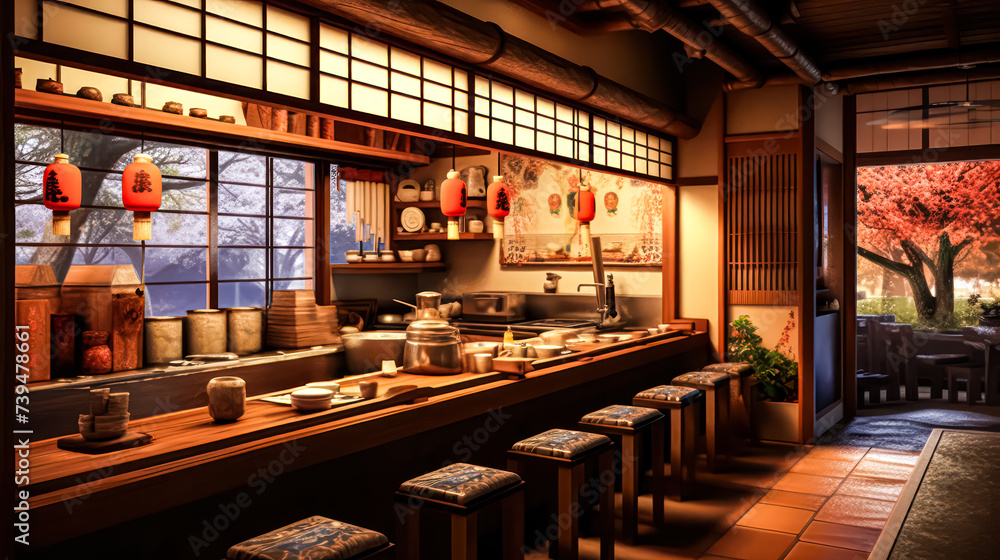 An elegant Asian restaurant featuring a sleek bar counter, exuding ...