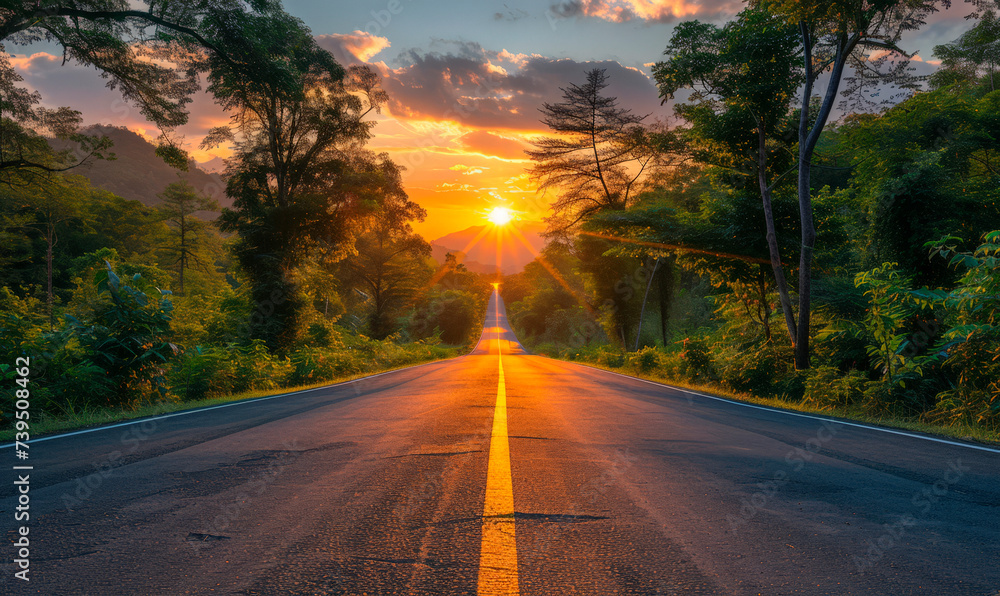 beautiful sun rising sky with asphalt highways road in rural scene use ...