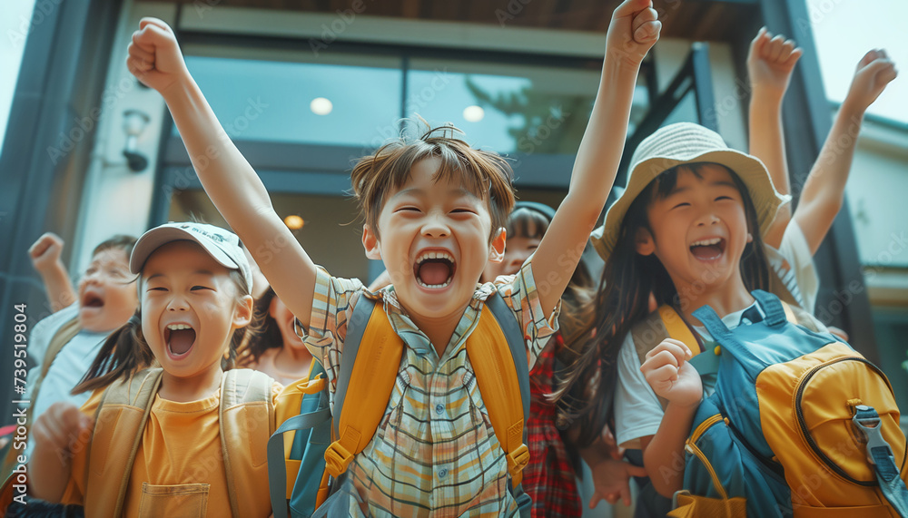 Beautiful portrait of happy asian pupils with school bags screaming ...