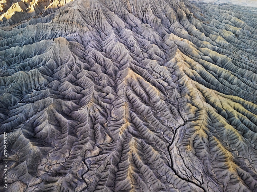 Drone photography of eroded desert badlands. Ridges and canyons of ...