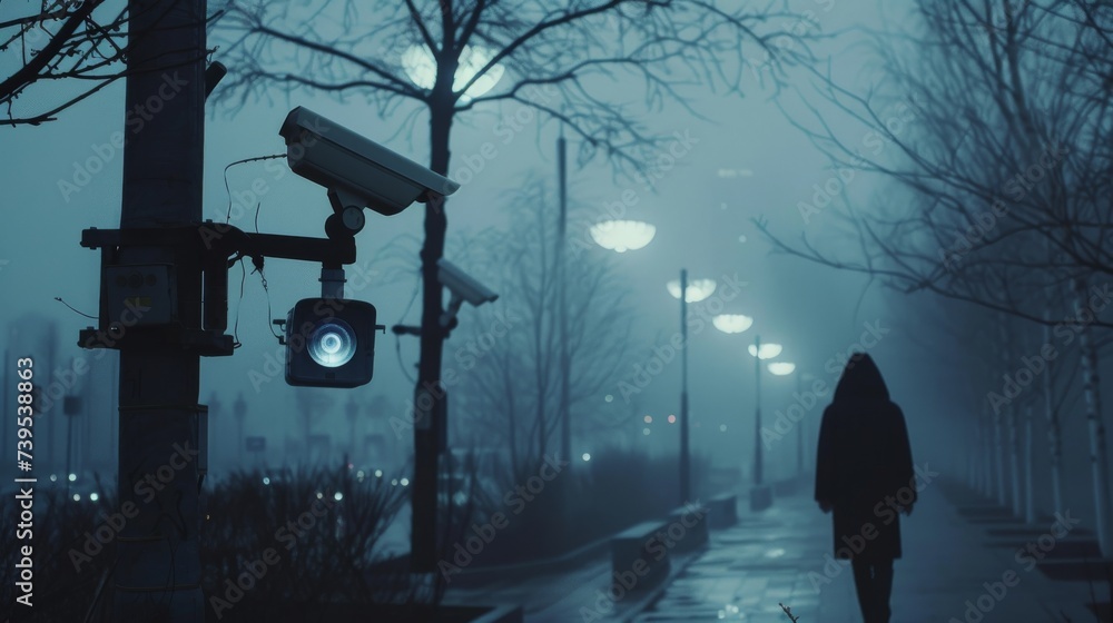 Amidst the winter fog, a lone street light illuminates the dark city ...