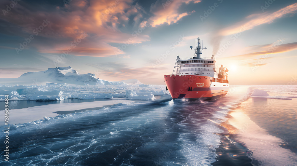An ice-class cargo vessel making its way through Arctic waters ...
