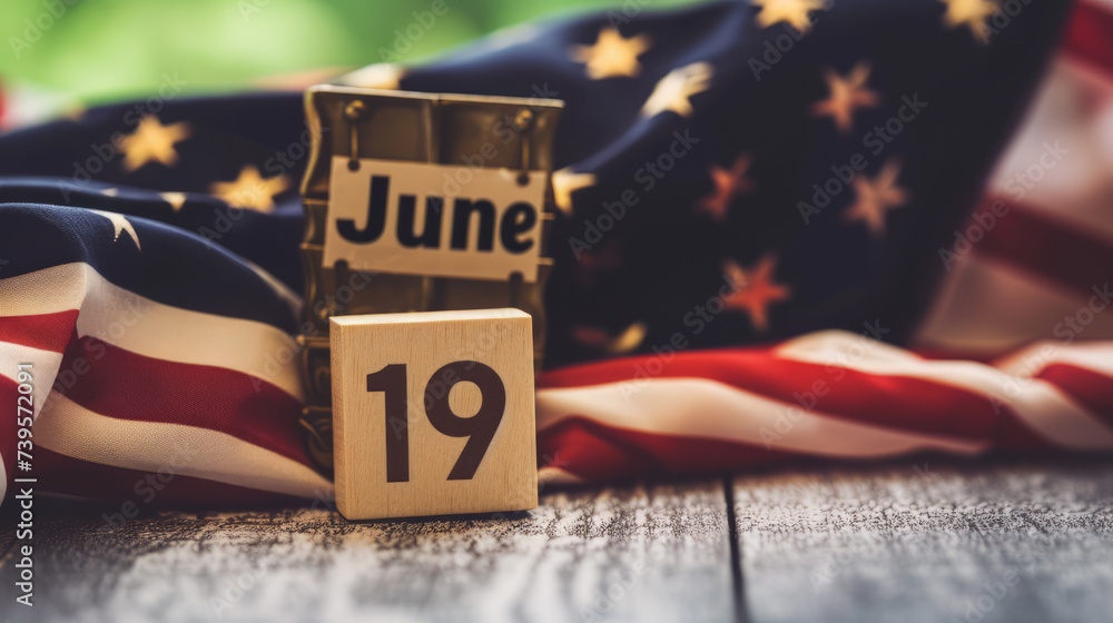 Cute Wooden Blocks Calendar With "June 19" Date, surrounded by US flag ...