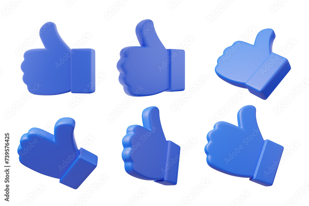 Six isolated blue cartoon thumbs-up icons with various angles displayed ...