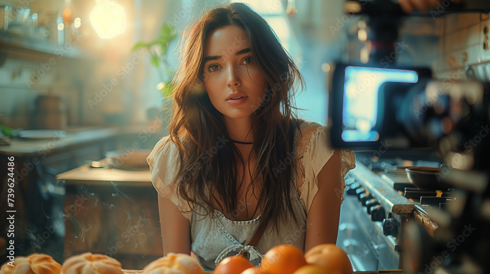 Young Asian woman vlogger baking and recording video for food channel ...