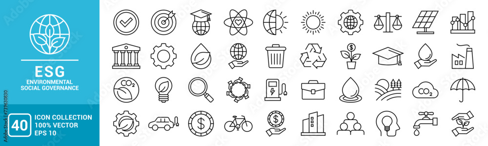 Collection of various environmental, social, governance, ESG icons ...