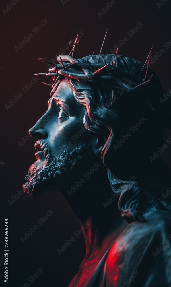 Jesus Christ in profile. An ancient statue. Religion, faith, death ...