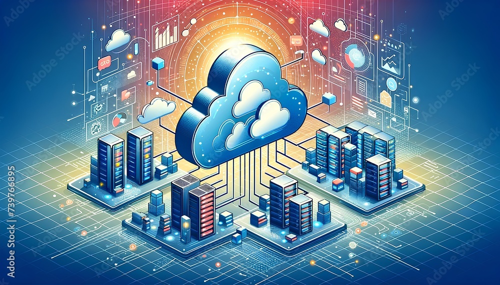 Cloud computing concept, showcasing file upload and storage symbols ...