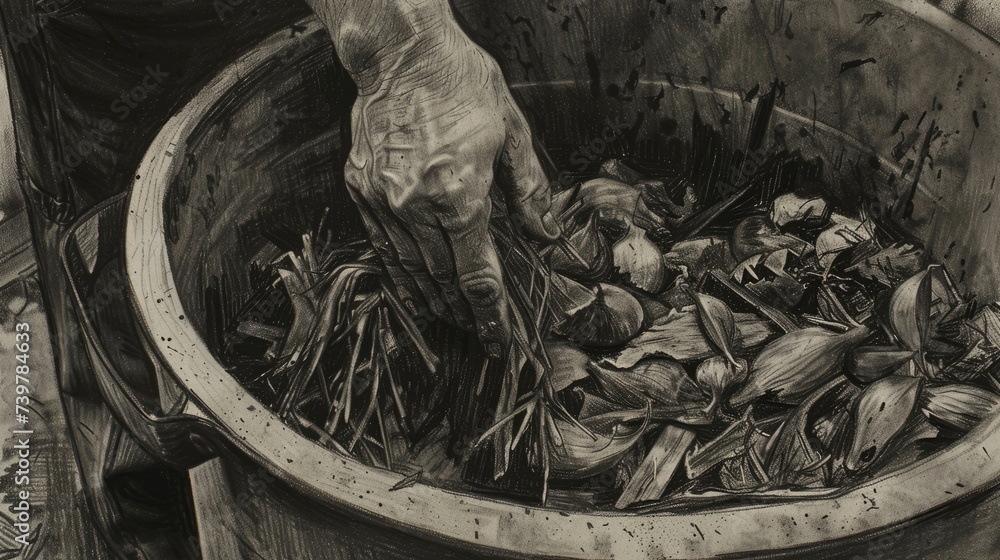 Eco-friendly composting: Detailed charcoal drawing of person recycling ...