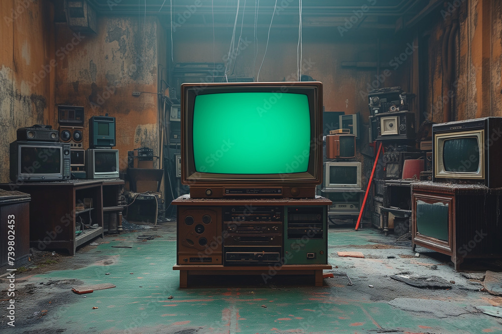 Old fashion TV with green screen, chroma key is in old workshop. Banner ...