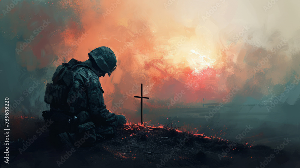 Christian soldier praying with cross in the background. Digital ...