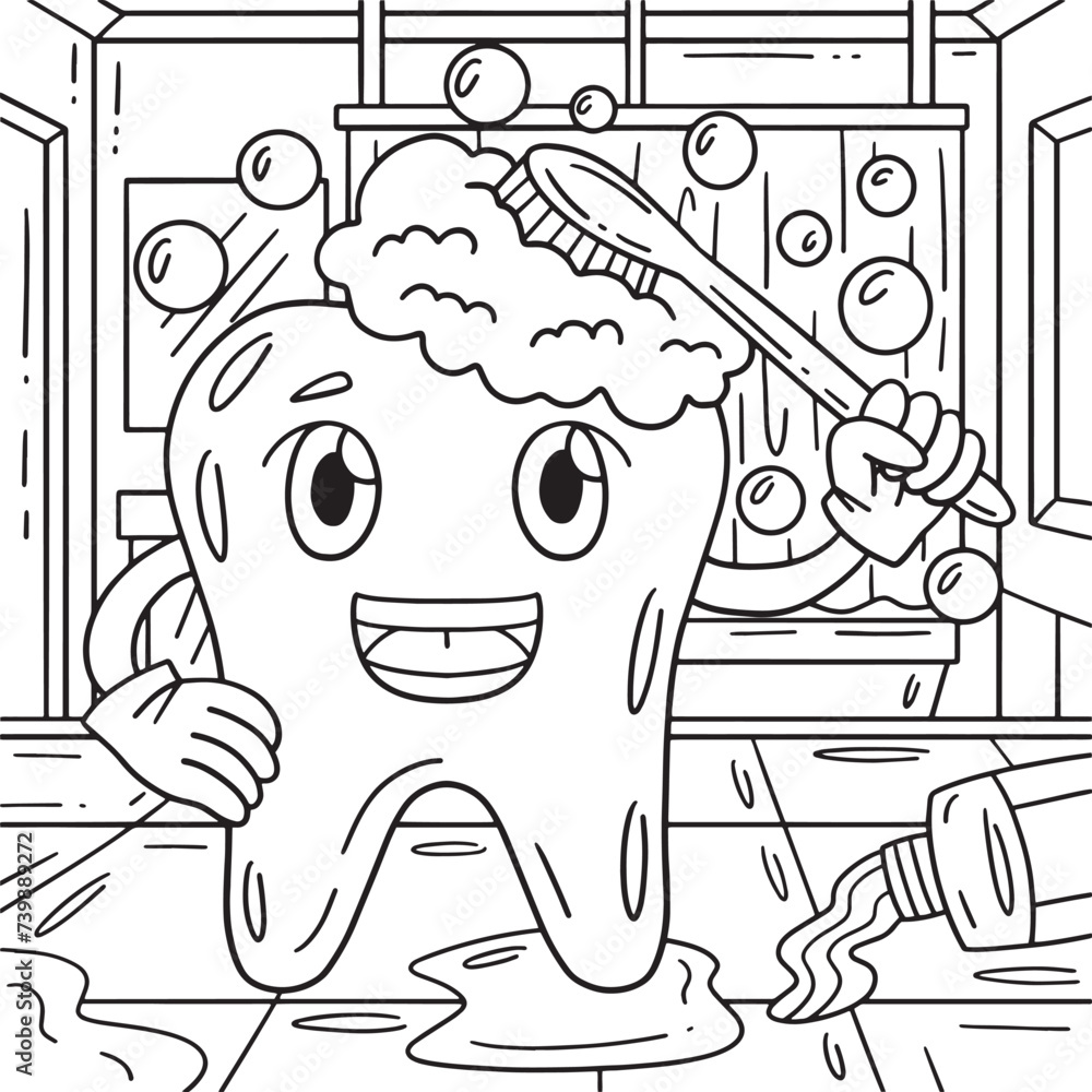 Dental Care Tooth Brushing Coloring Page for Kids Stock Vector | Adobe ...