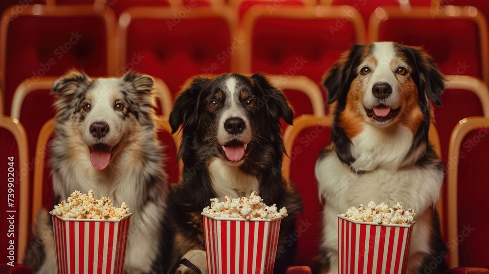 Dogs of different breeds sit on red chairs in a movie theater with ...