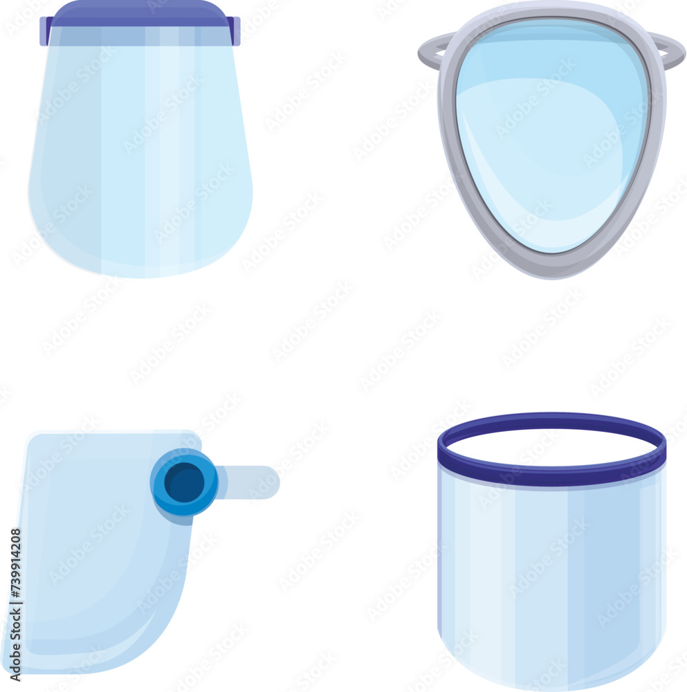 Face shield icons set cartoon vector. Clear safety shield screen mask ...