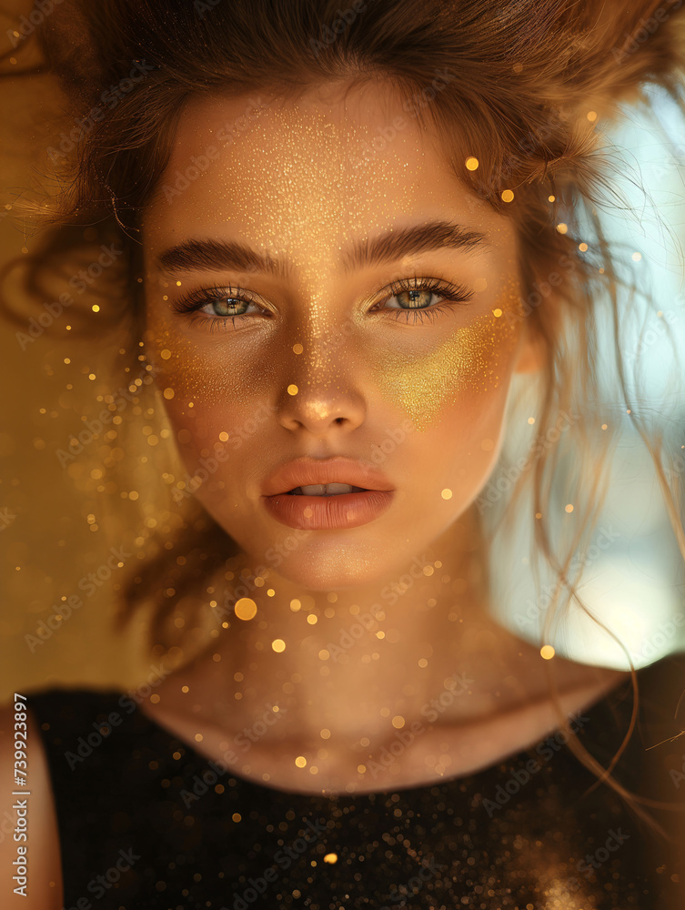 Stunning lady, adorned with gold glitter and bold makeup, poses for a ...