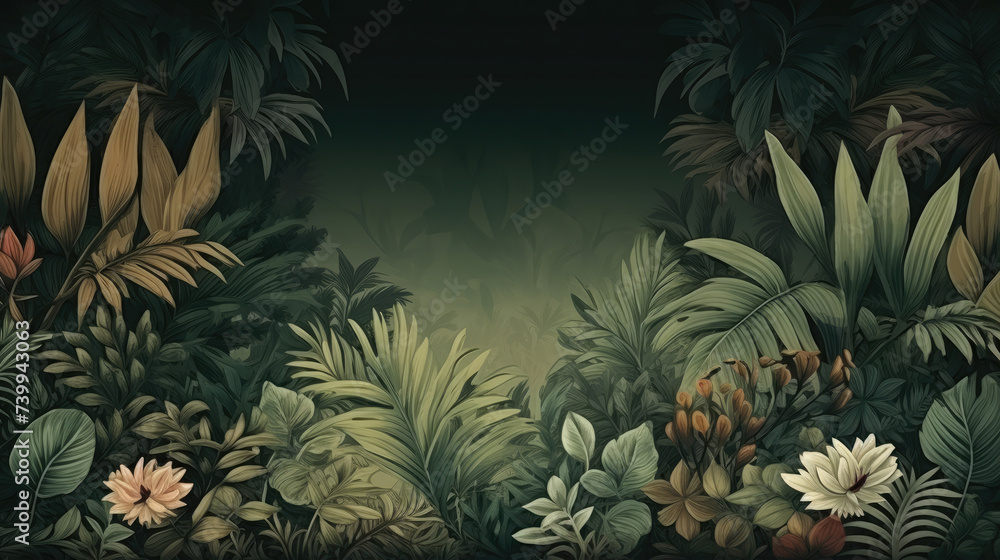 Retro mural photo wallpaper jungle and graceful leaves tropical forest ...