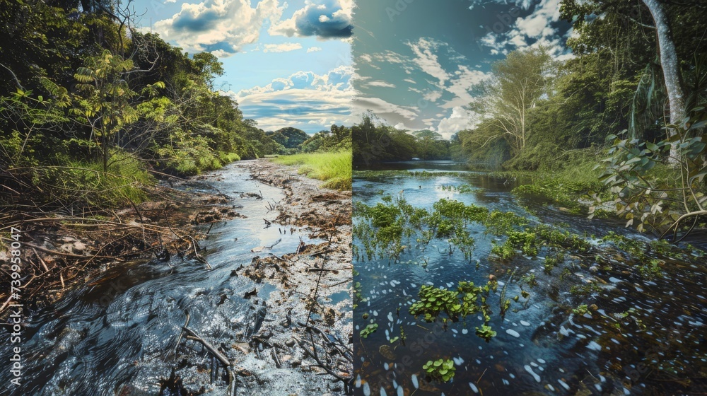 Panoramic split view of a river flowing through a green forest. A ...