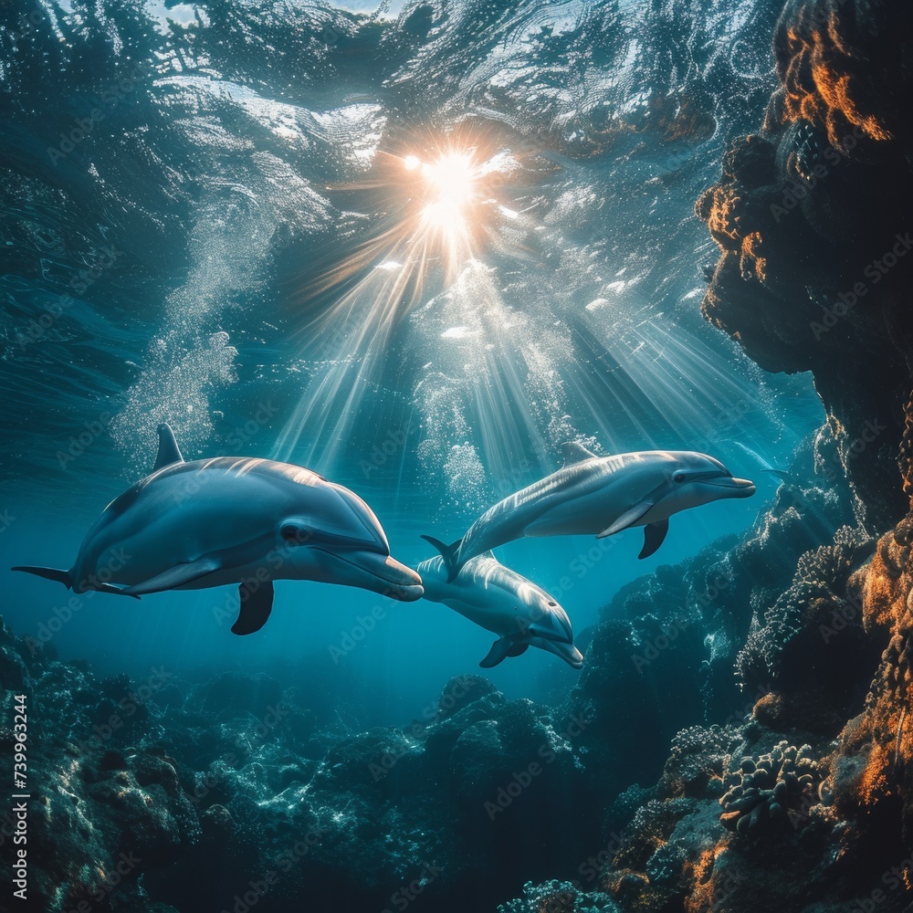 An underwater photograph of a playful pod of dolphins swimming ...