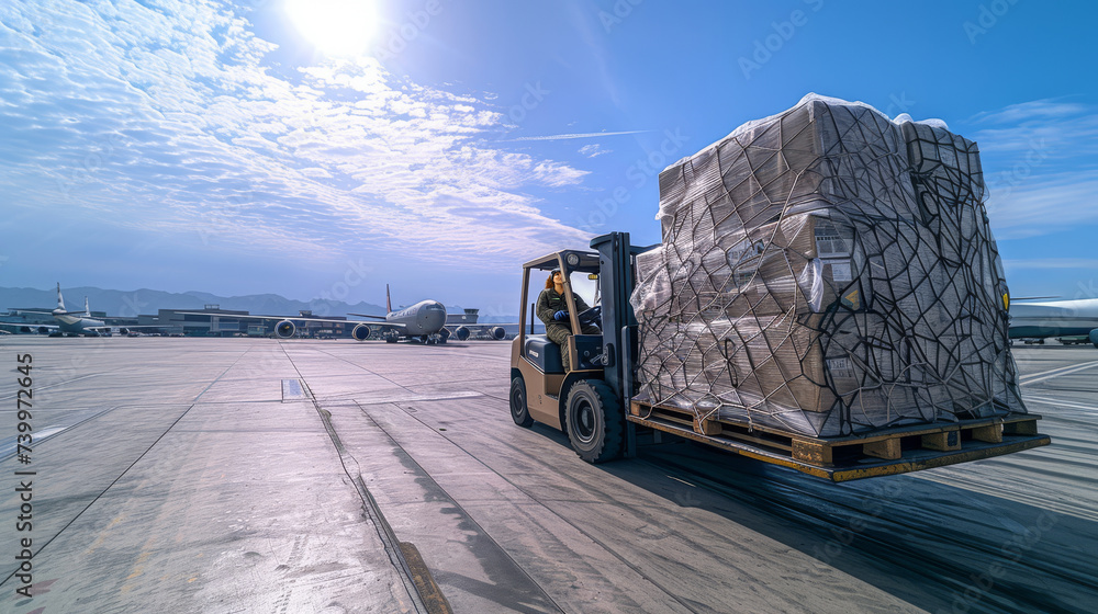 Forklift Loading Cargo Pallet onto Aircraft at Sunny Airport Tarmac ...