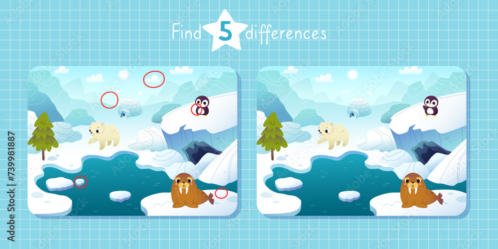 Cartoon mini game for kids with arctic animals. Find differences vector ...