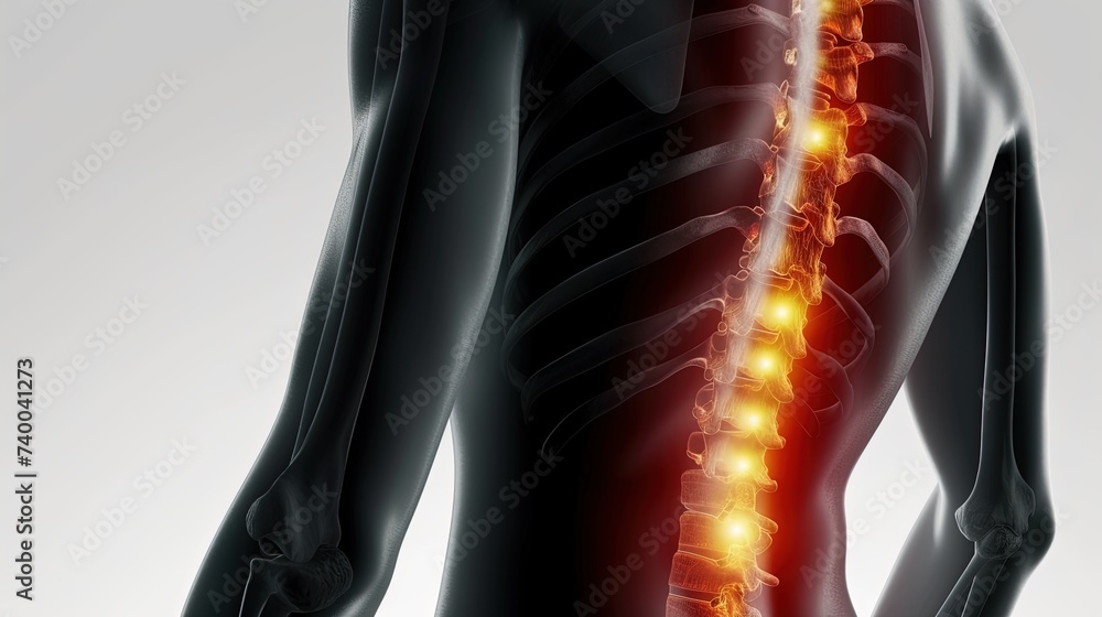 X-Ray Illustration of a man with spine, back pain, protrusion and ...