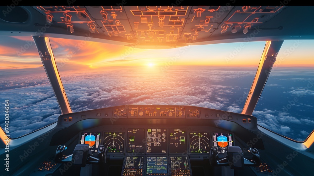 Civil airplane cockpit interior with pilot seats and control panel ...
