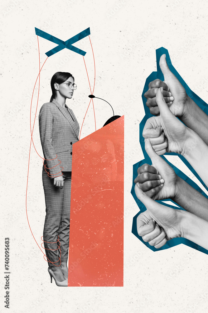 Vertical magazine photo collage image of marionette woman controlled by ...