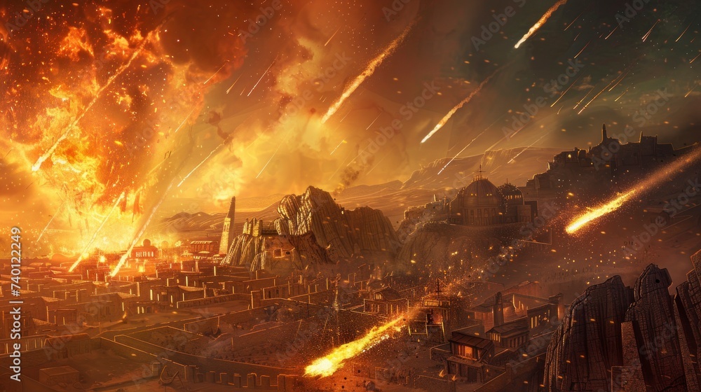 Stock-Illustration „Sodom and Gomorrah destroyed by sulfur meteorites ...